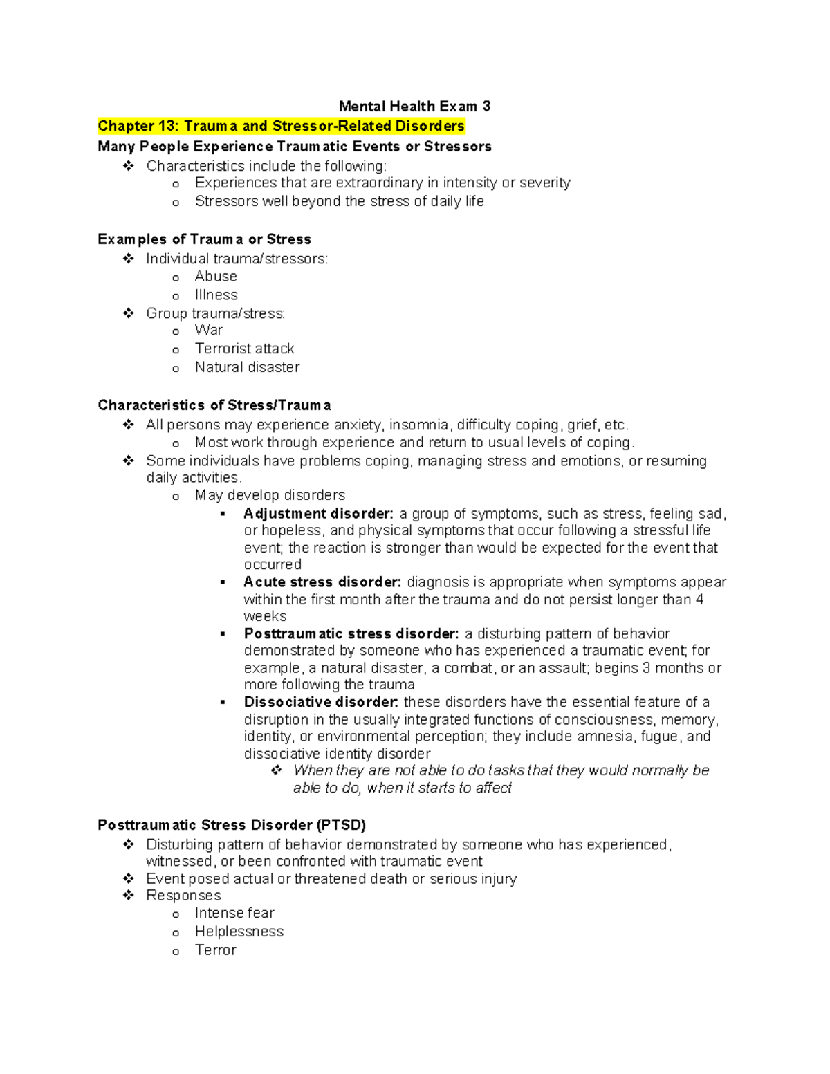 Exam 3 MH outline - Mental Health Exam 3 Chapter 13: Trauma and ...