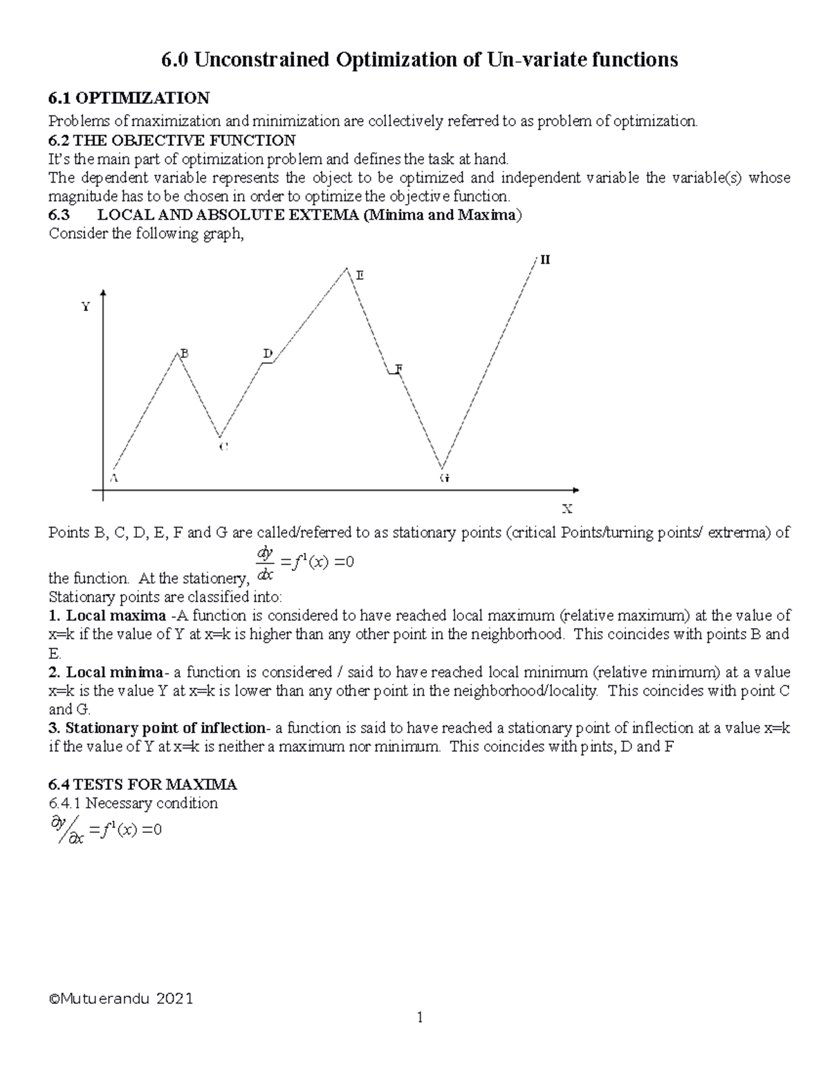 ECON 130 Topic 6 Handout - 6 Unconstrained Optimization of Un-variate functions 6 OPTIMIZATION ...