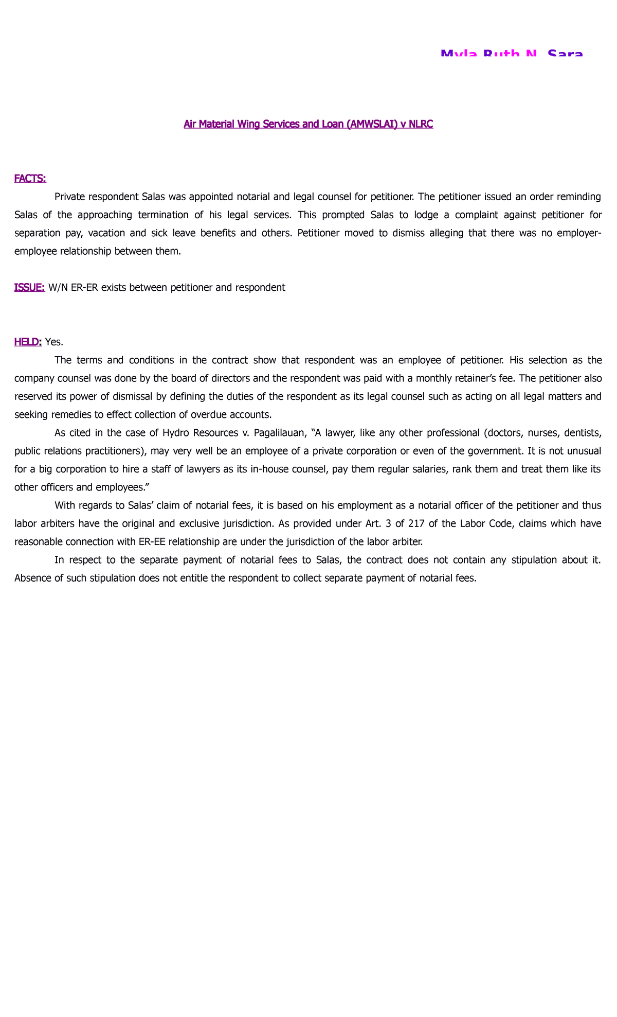 19099687 Amwslai vs NLRC Case Digest - Air Material Wing Services and ...