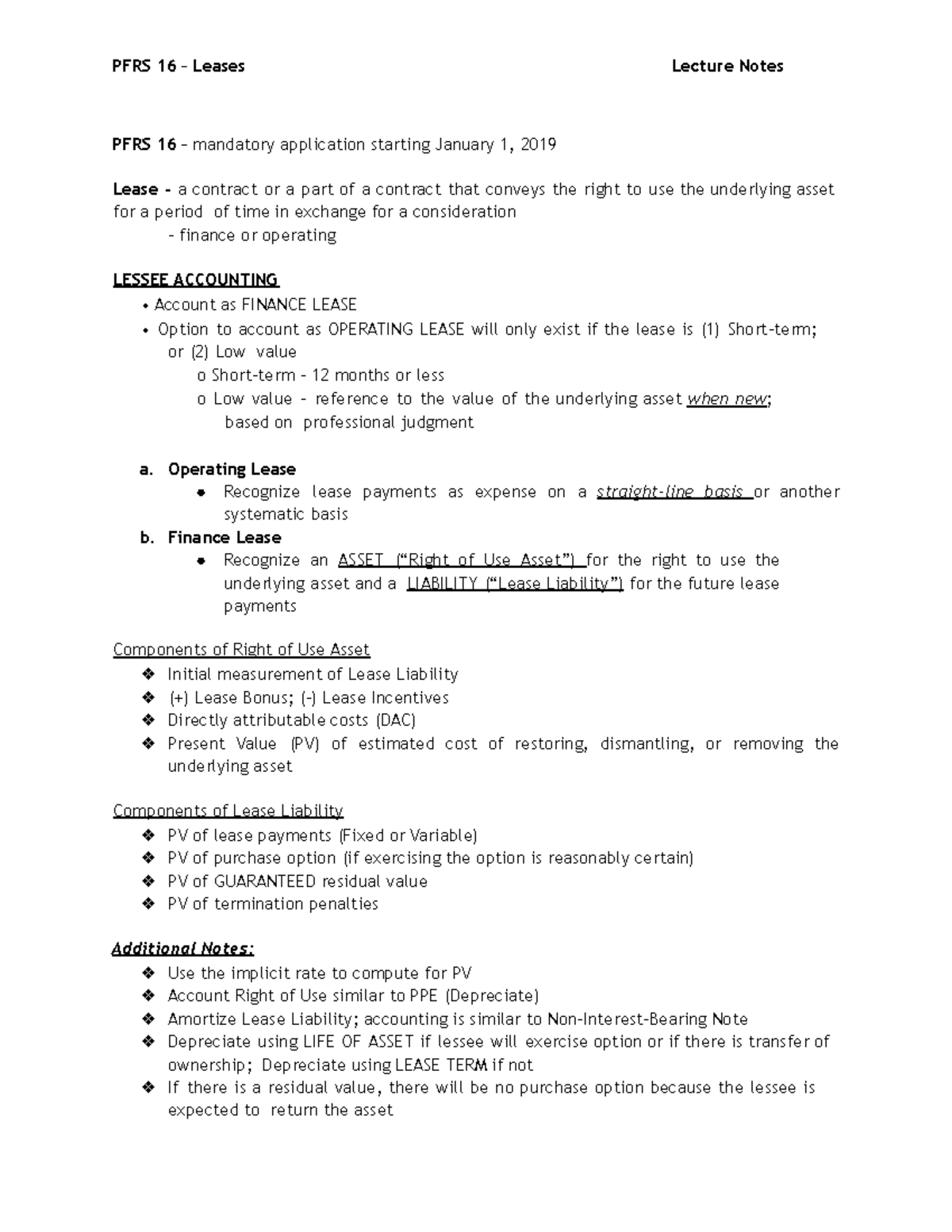 PFRS 16 – Leases - PFRS 16 – Leases Lecture Notes PFRS 16 – mandatory ...