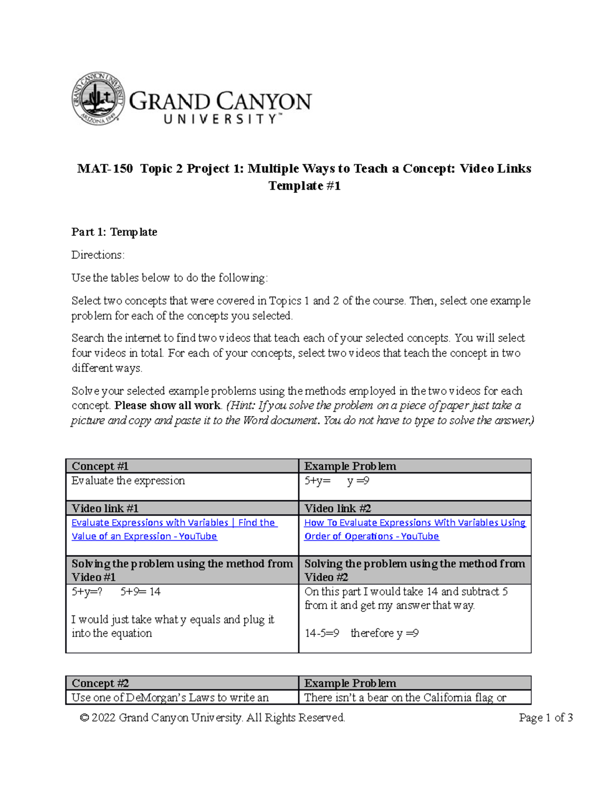 Project 1-Multiple Ways to Teach a Concept Video Links Template 1 ...