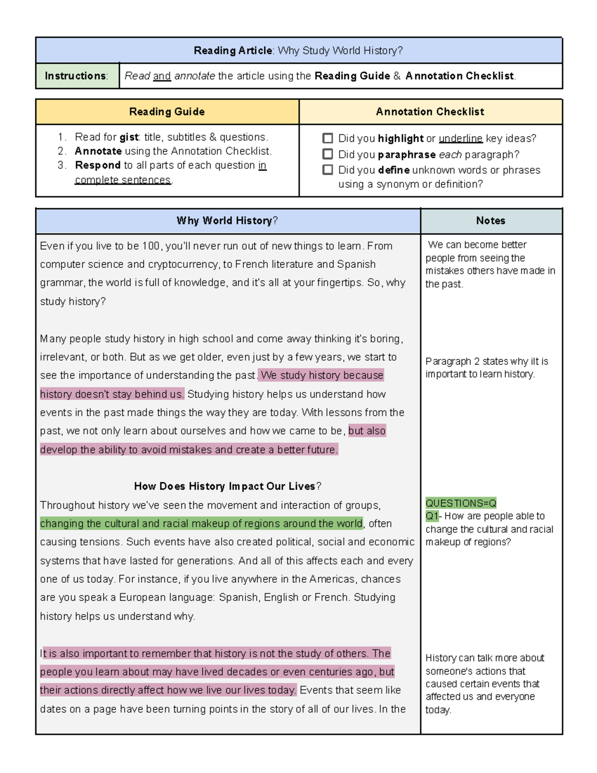 Copy of Reading Article Why Study World History - Reading Article: Why ...