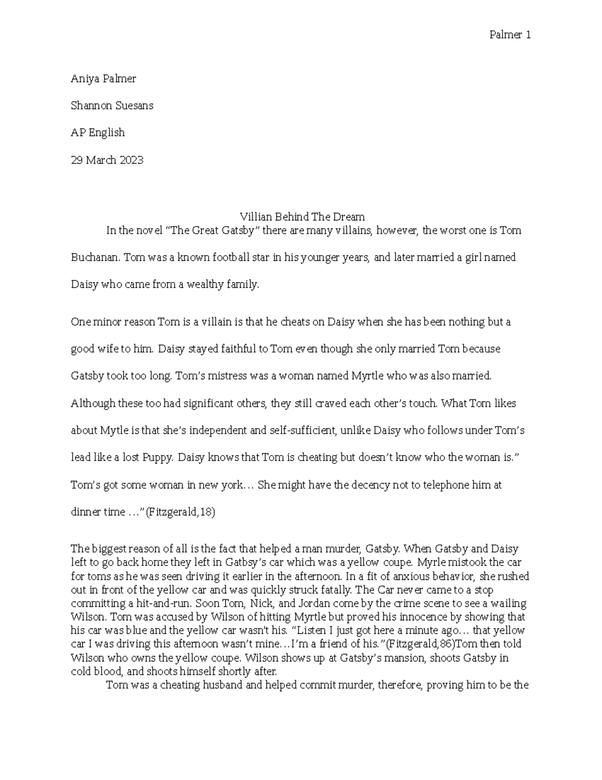 Gatsby Argumentive Essay - Palmer 1 Aniya Palmer Shannon Suesans AP ...