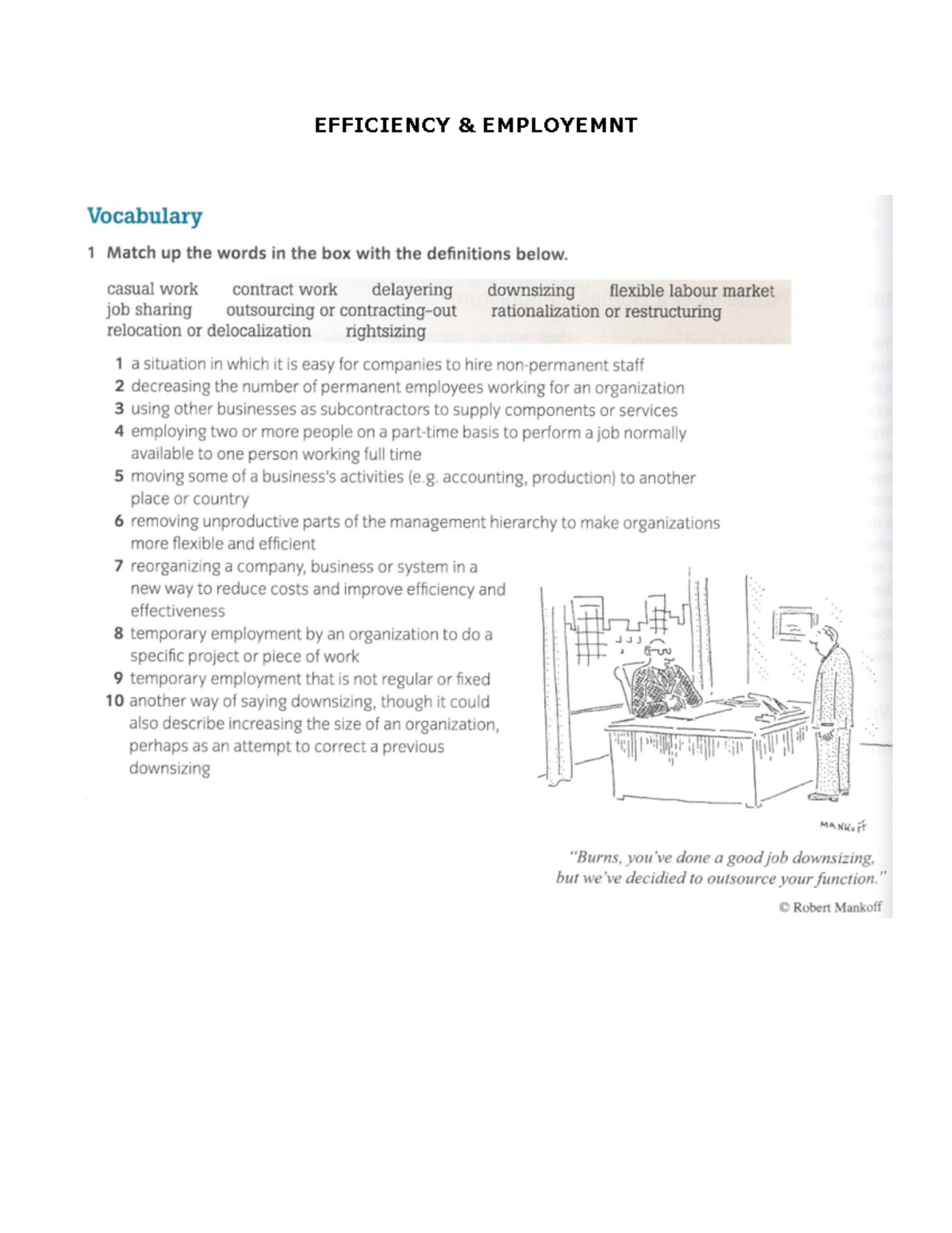 Employment Reading - good - EFFICIENCY EMPLOYEMNT Vocabulary 1 Match up ...