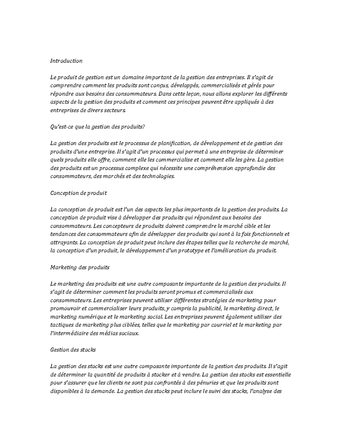 Product Management note study - Introduction Le produit de gestion est ...