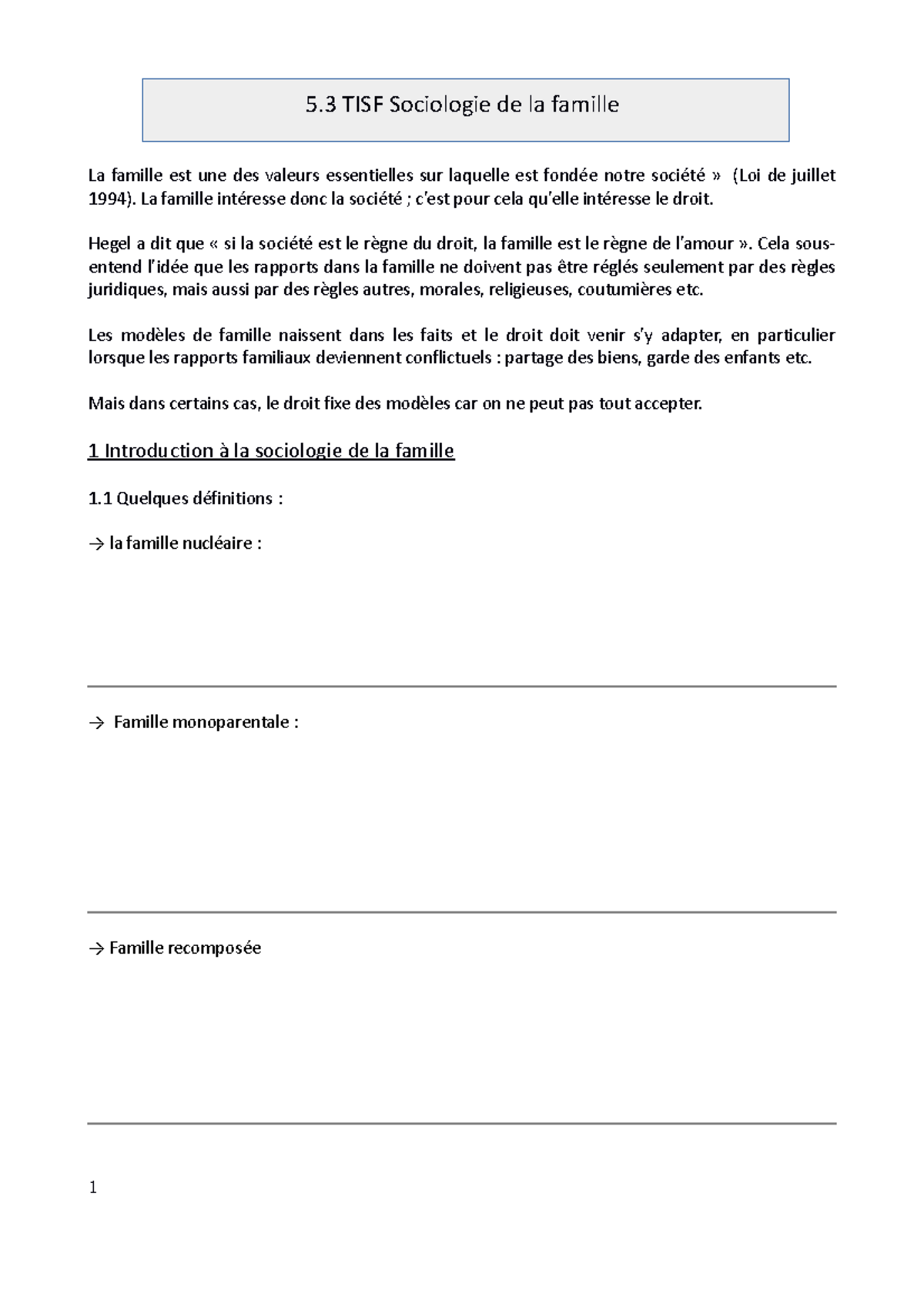 Sociologie de la famille AT - 5 TISF Sociologie de la famille La ...