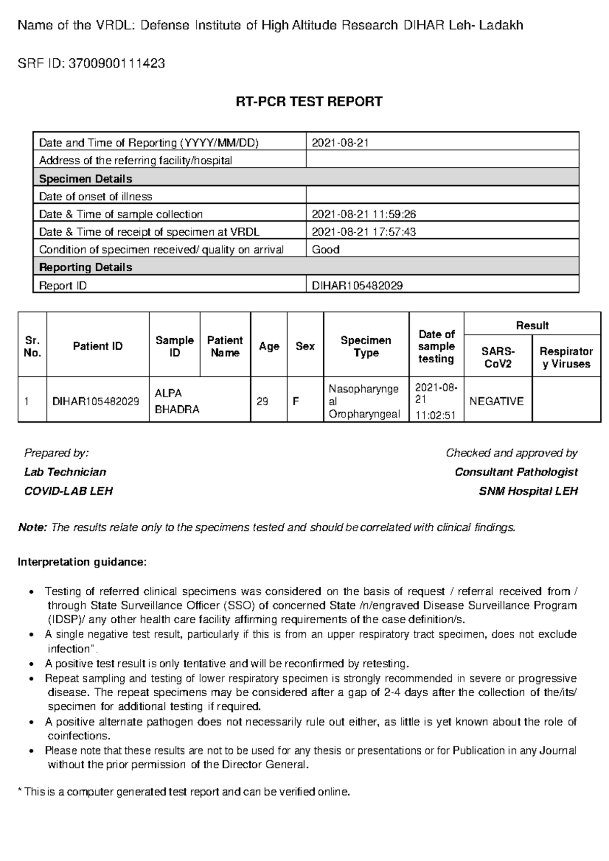 Rtpcrreporta - LLB NOTES - Name of the VRDL: Defense Institute of High ...