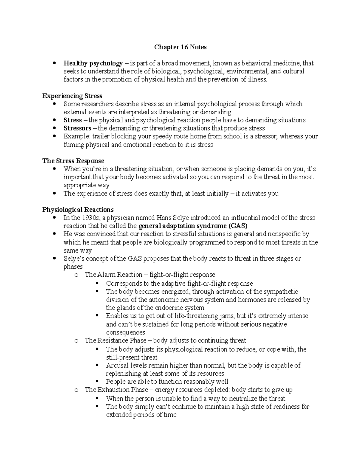Ch 16 Book Notes - Chapter 16 Notes Healthy psychology – is part of a ...