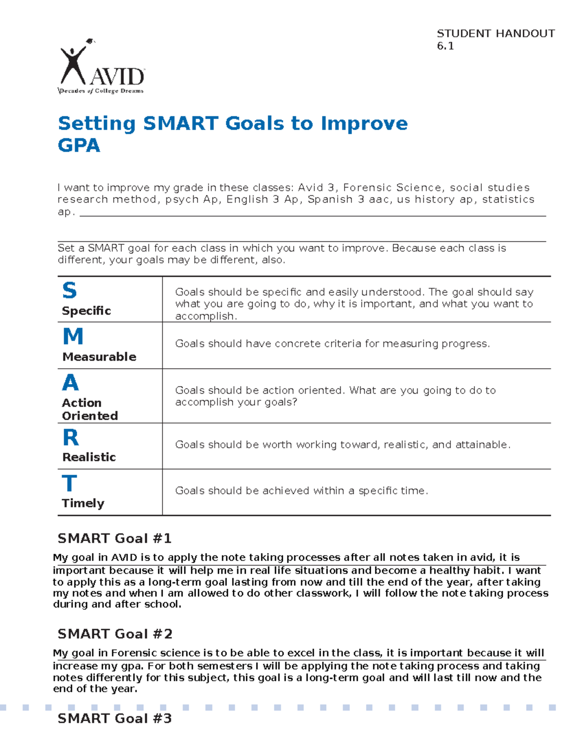 Smart Goalss - \ Setting SMART Goals to Improve GPA STUDENT HANDOUT 6 ...