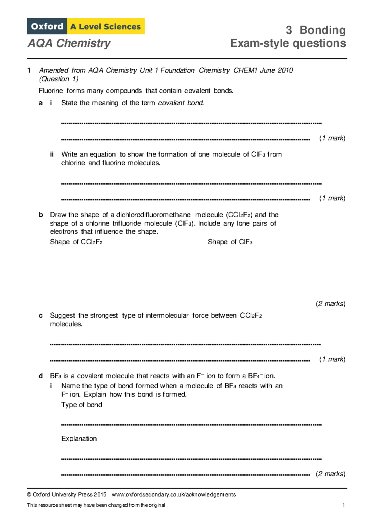 Bonding exam style questions - AQA Chemistry Exam-style questions ...