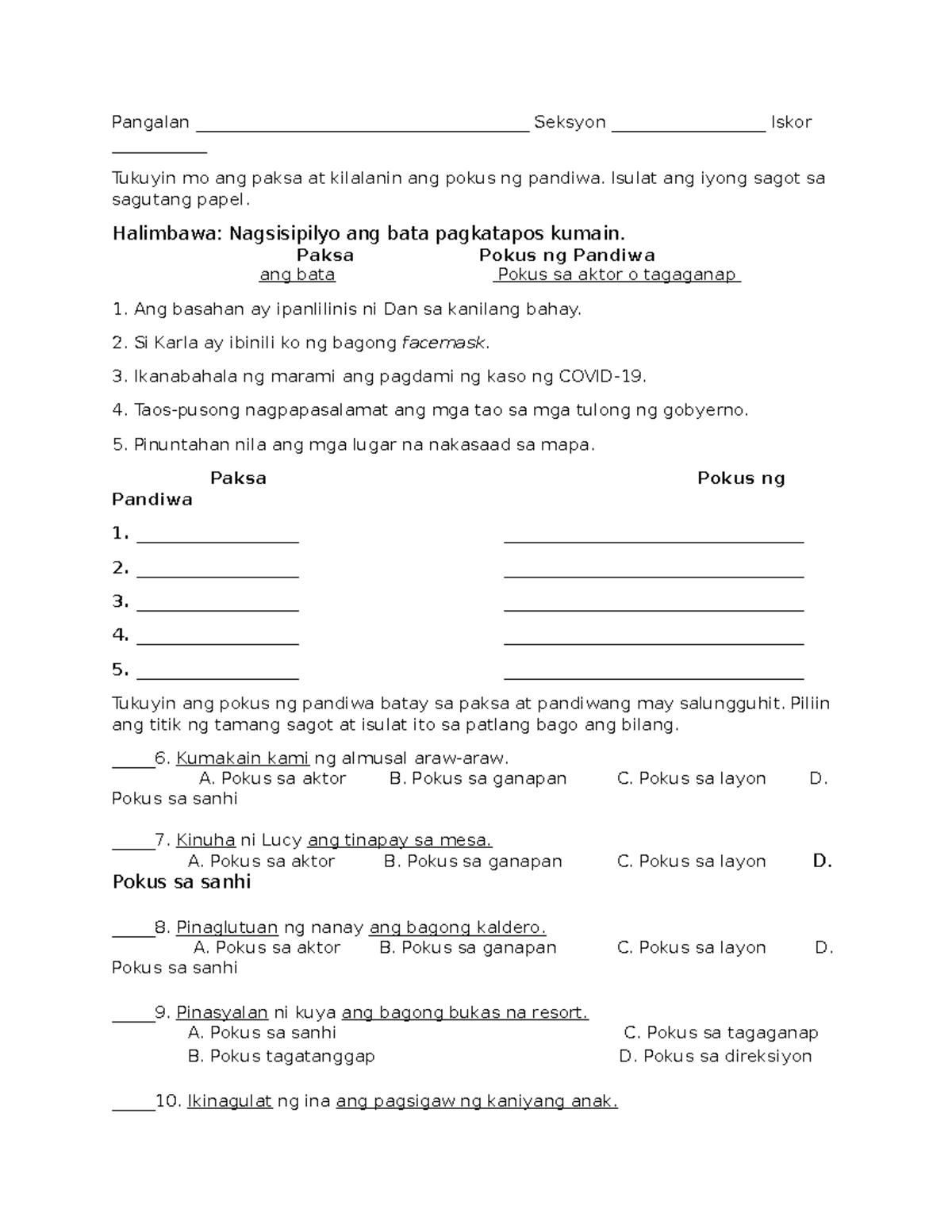 Quiz Pokus ng Pandiwa - notes - Pangalan ...