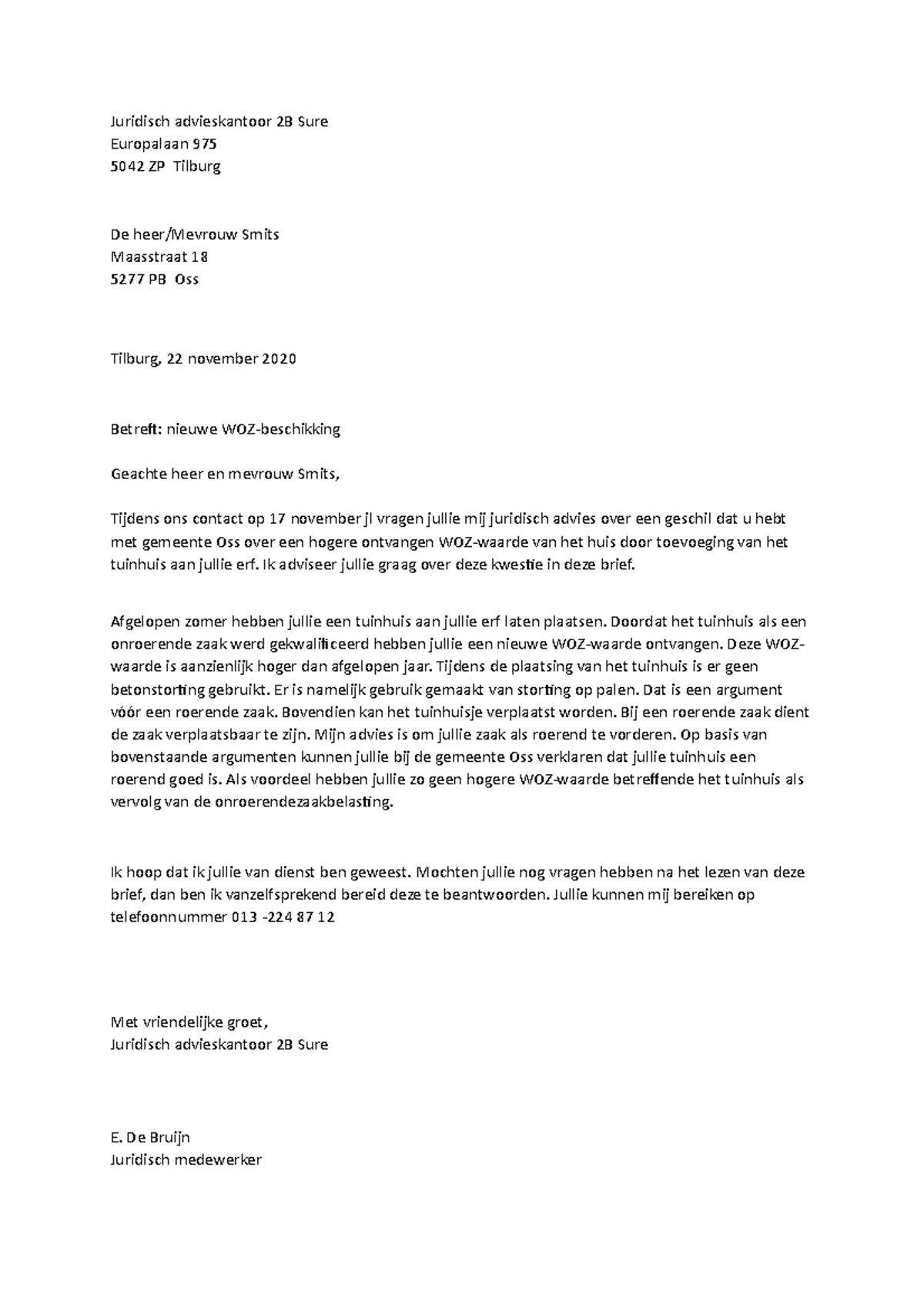 Adviesbrief JSV week 2 casus Smits - Juridisch advieskantoor 2B Sure ...