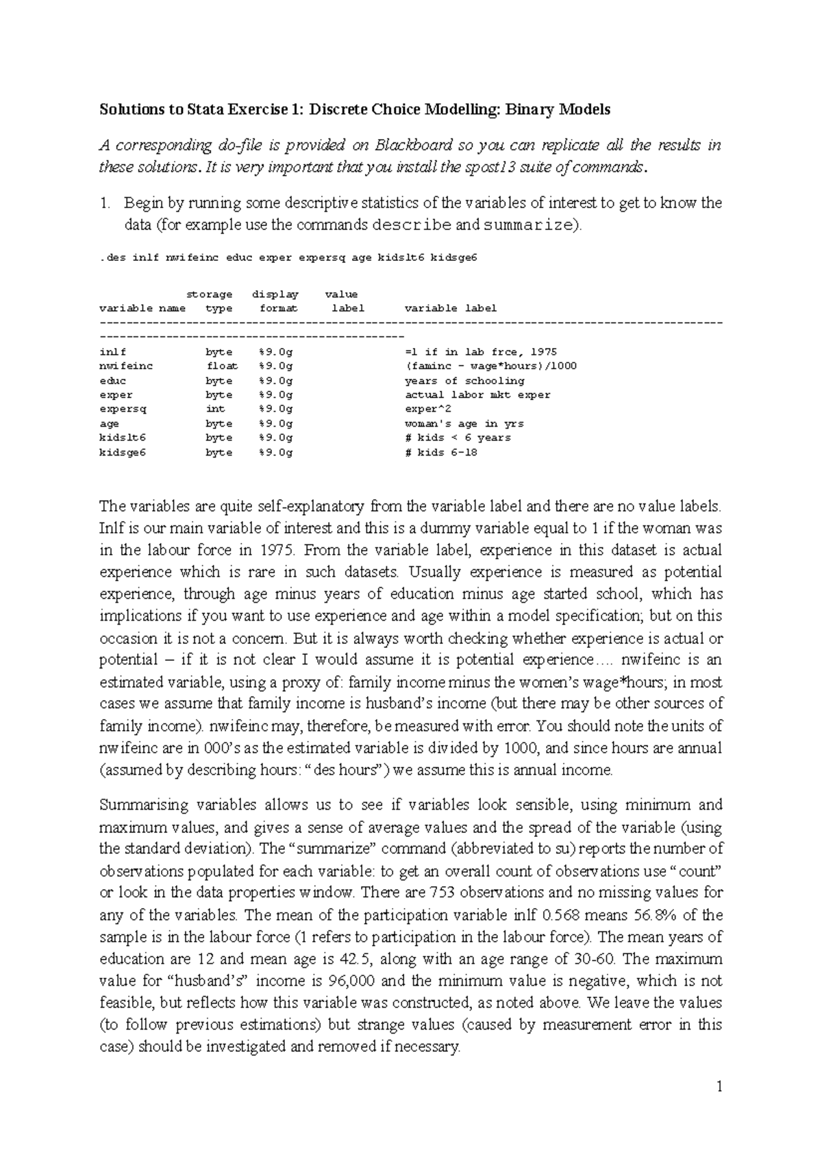 Solutions To Stata Exercise 1 Binary Solutions To Stata Exercise 1 Discrete Choice Modelling 