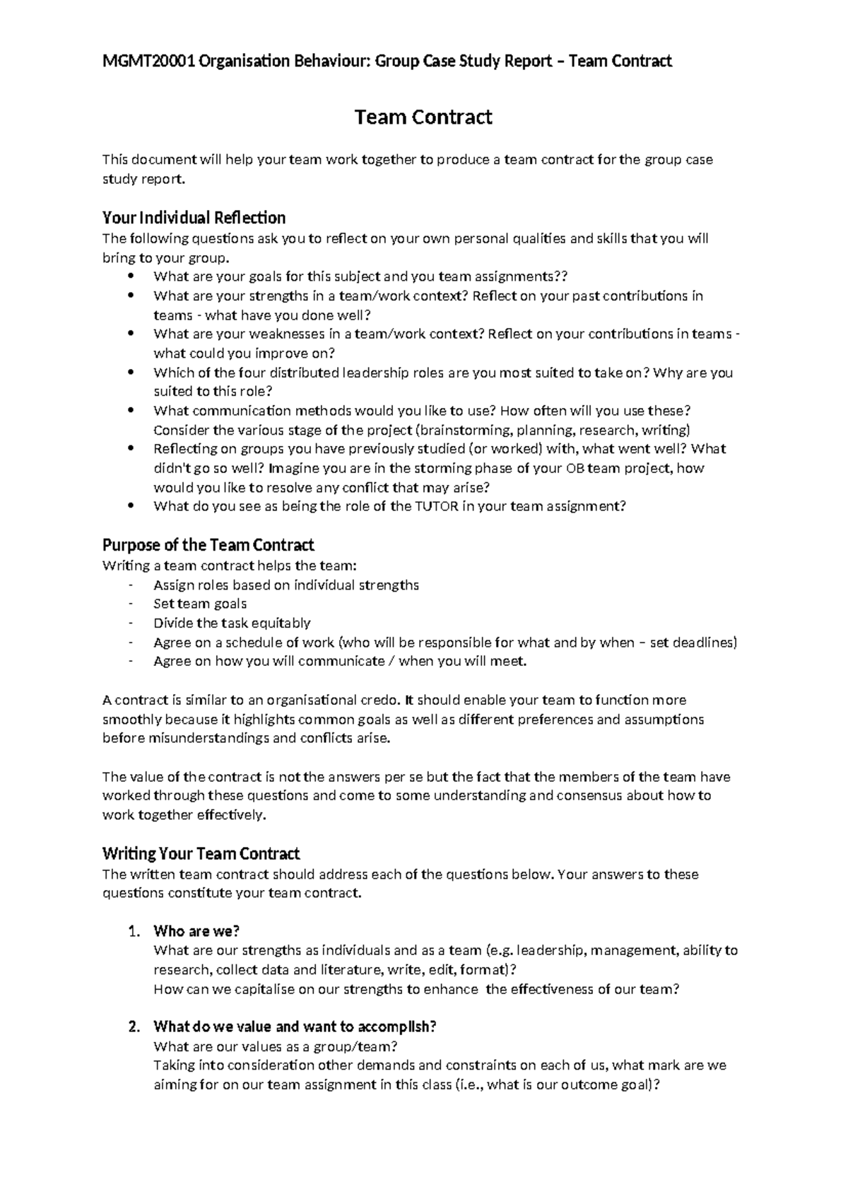 OB Case Study Report Team Contract Template - MGMT20001 Organisation ...
