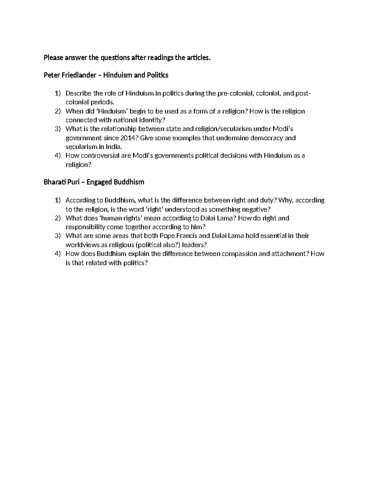 Buddhism-Hinduism - religious study - Please answer the questions after ...