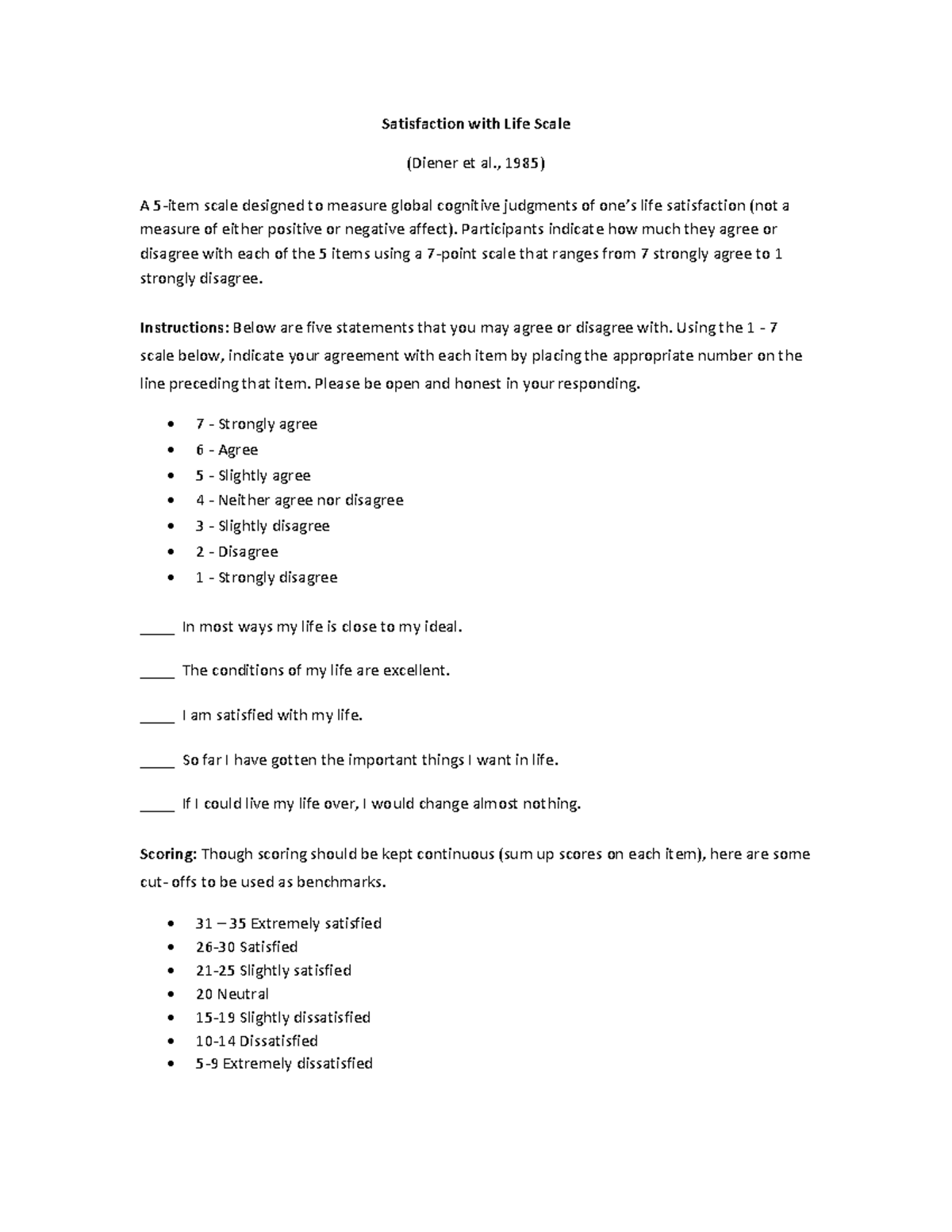 Satisfaction with life scale - Satisfaction with Life Scale (Diener et ...