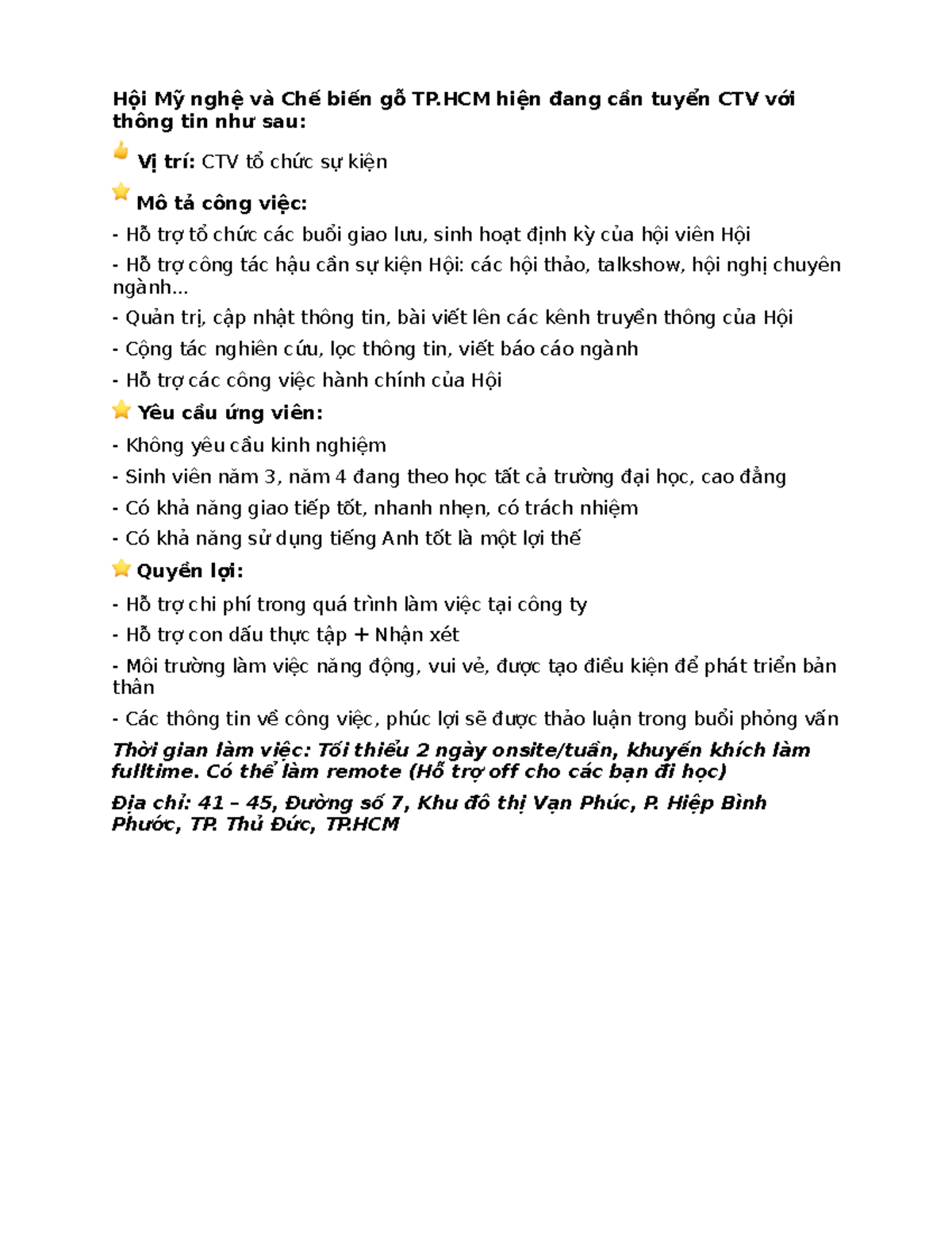 JD CTV Event Collaborator - Hội Mỹ nghệ và Chế biến gỗ TP hiện đang cần tuyển CTV với thông tin ...