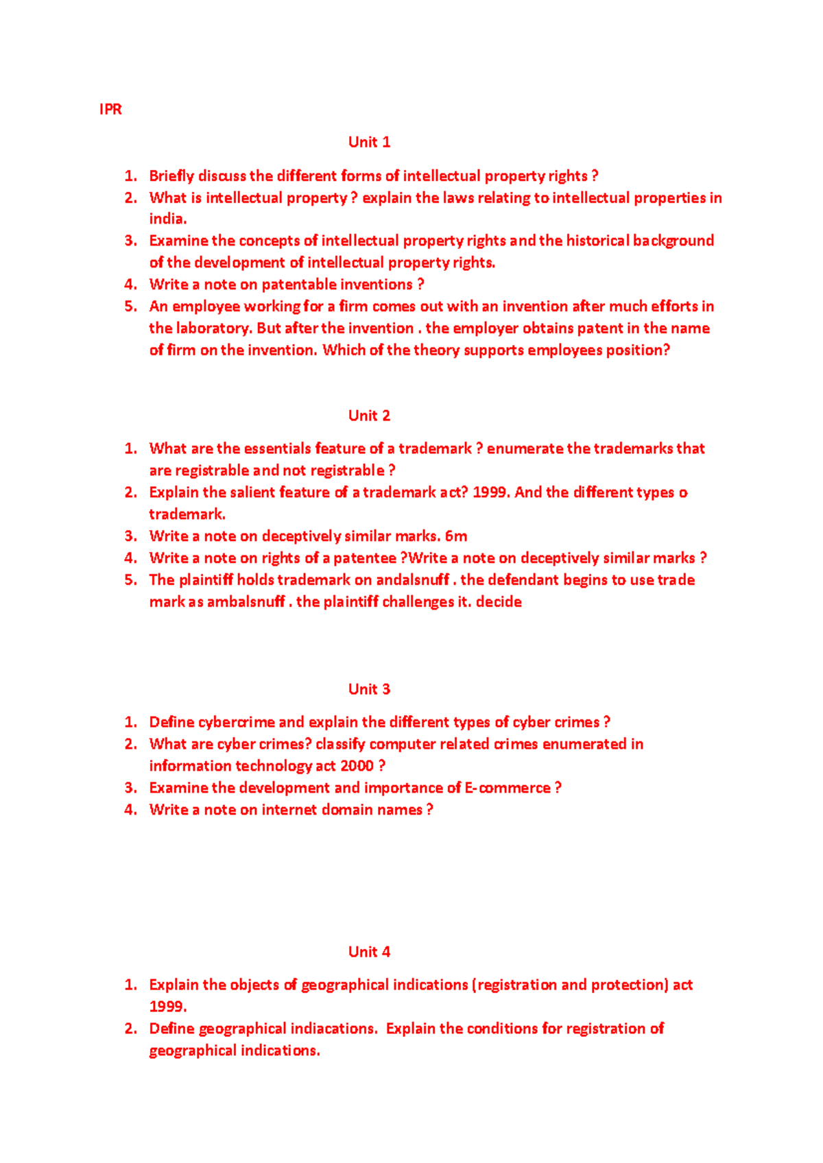 IPR.qp hn - Notes - IPR Unit 1 Briefly discuss the different forms of ...