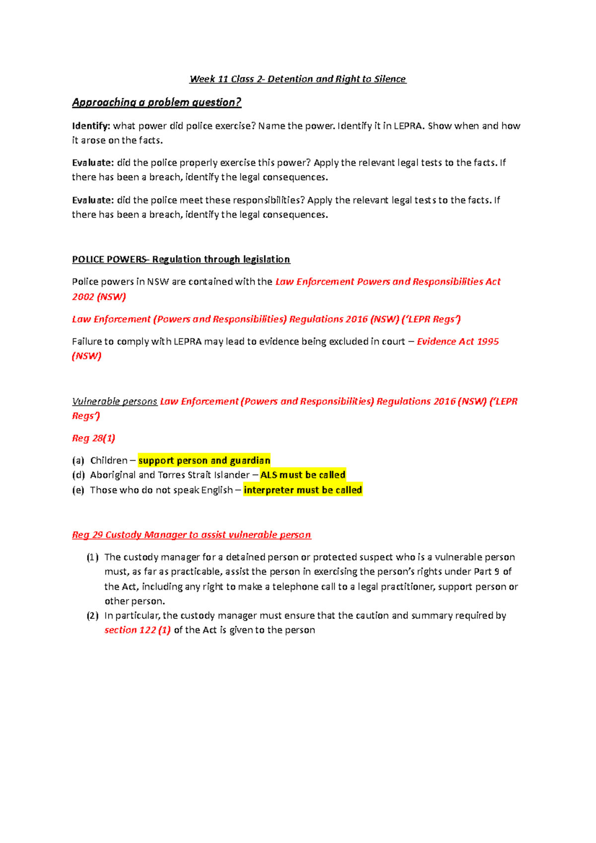 Week 11 Class 2- Detention, Right to Silence - Week 11 Class 2- Detention and Right to Silence ...