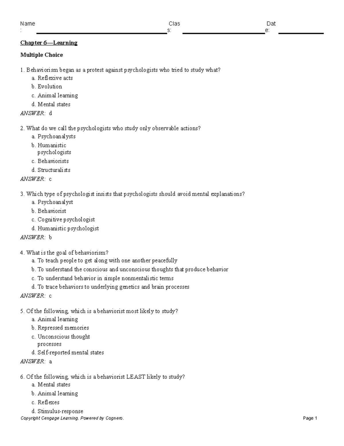 Chapter 6 Learning - quiz bank - Chapter 6—Learning Multiple Choice ...