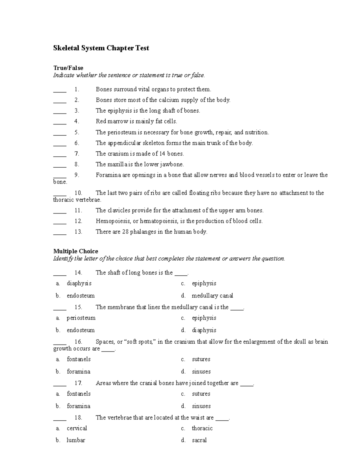1Skeletal System Chapter Test Practice - Skeletal System Chapter Test ...