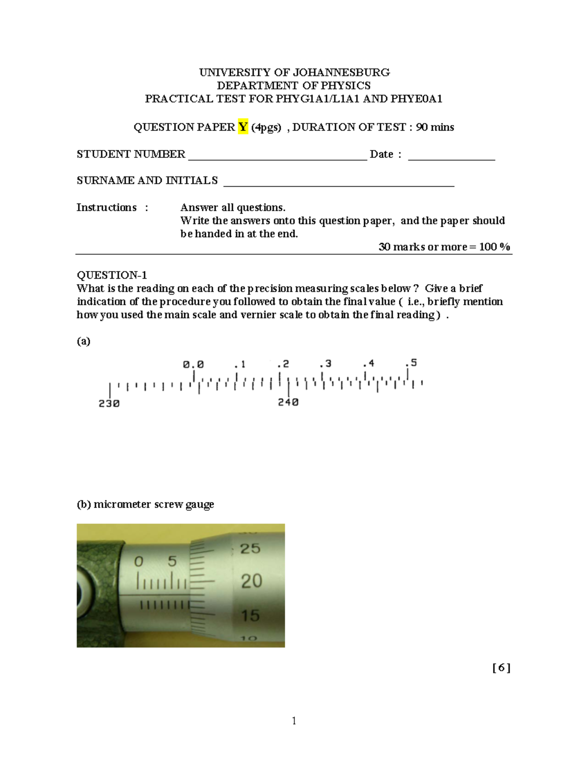 Sample Prac Test Y - 1 UNIVERSITY OF JOHANNESBURG DEPARTMENT OF PHYSICS ...