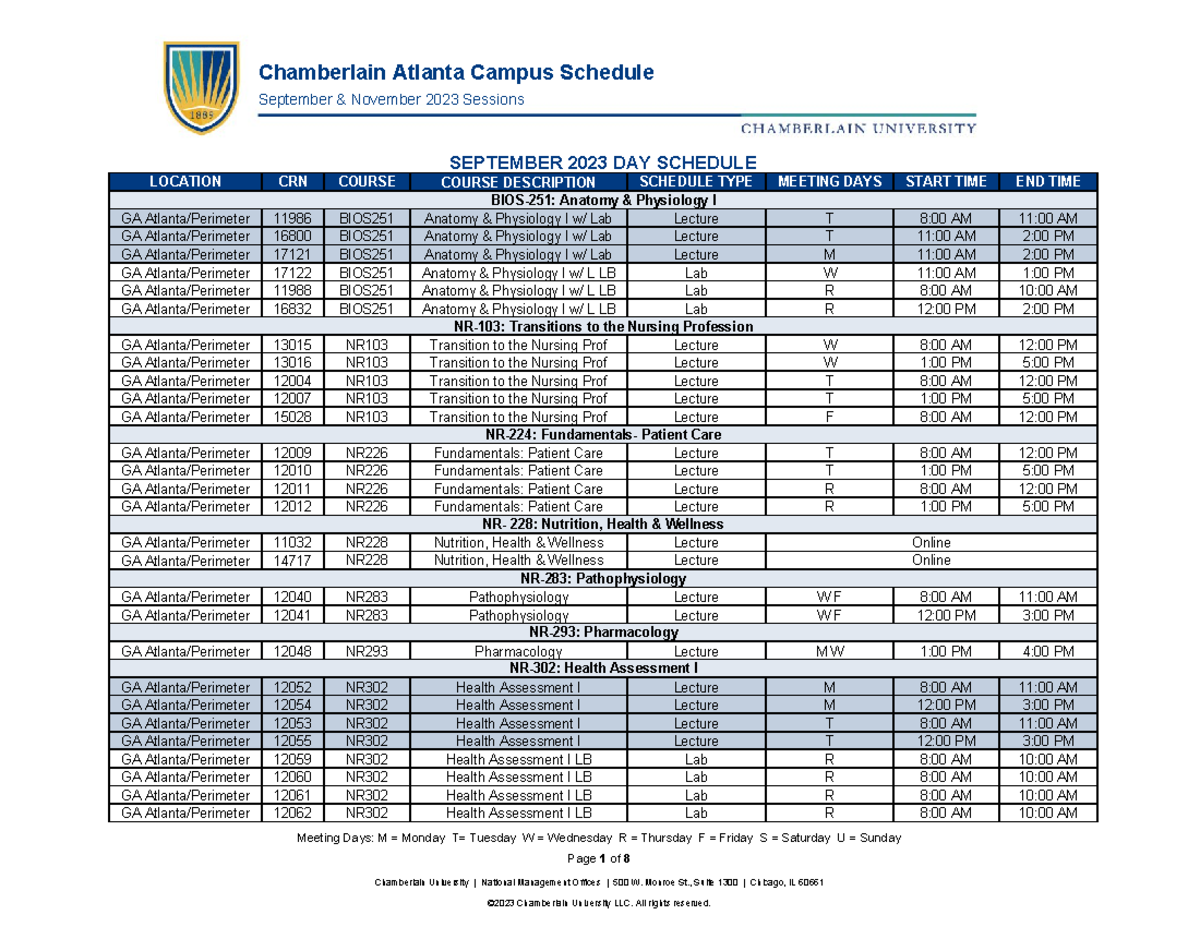Schedule - Academic calendar - Meeting Days: M = Monday T= Tuesday W ...