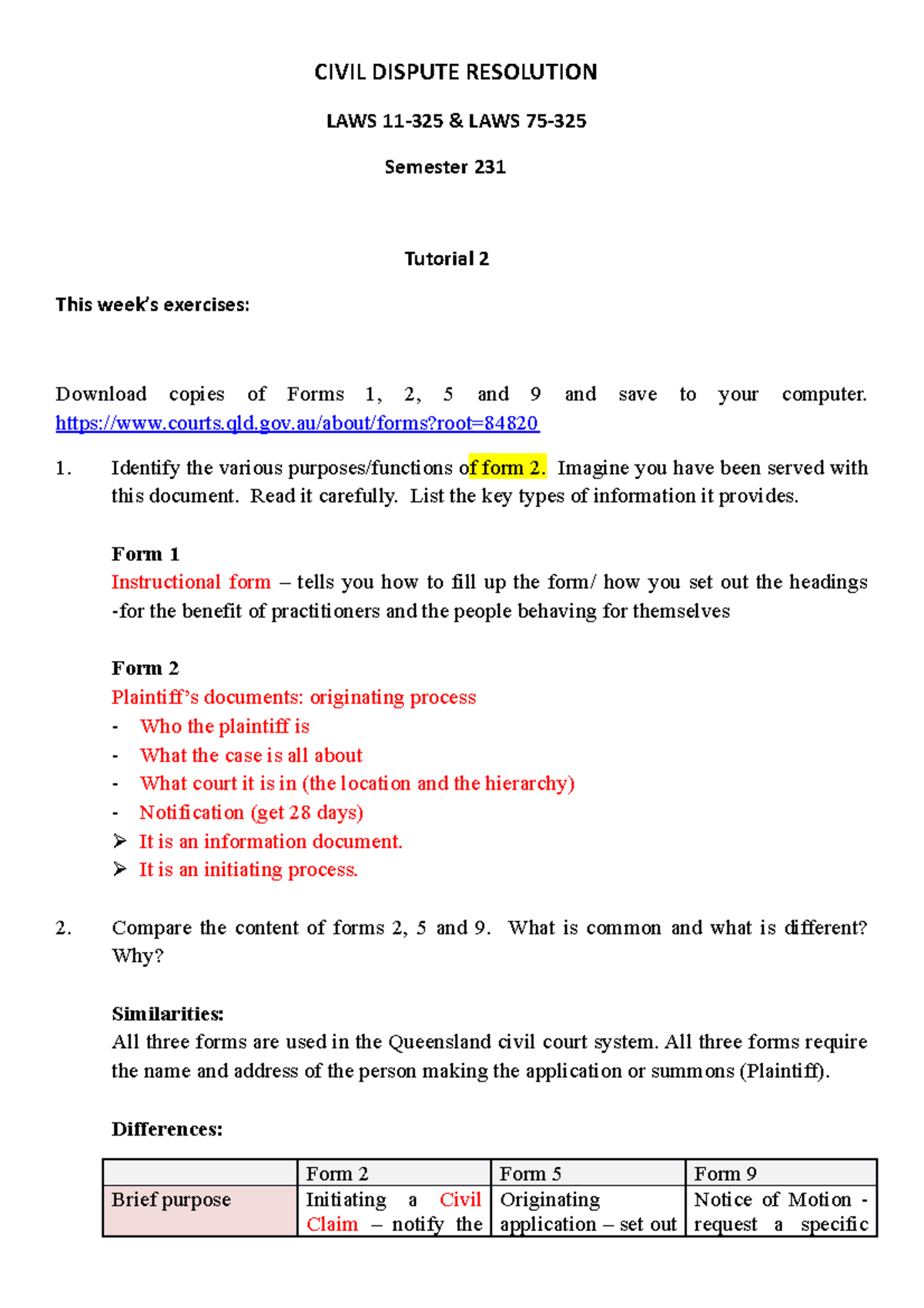 Tutorial 2 week 3 - CIVIL DISPUTE RESOLUTION LAWS 11-325 & LAWS 75- Semester 231 Tutorial 2 This ...