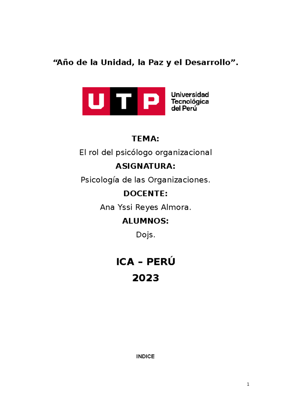 Psicología Org S8 - Actividad TA2 - “Año de la Unidad, la Paz y el Desarrollo”. TEMA: El rol del ...