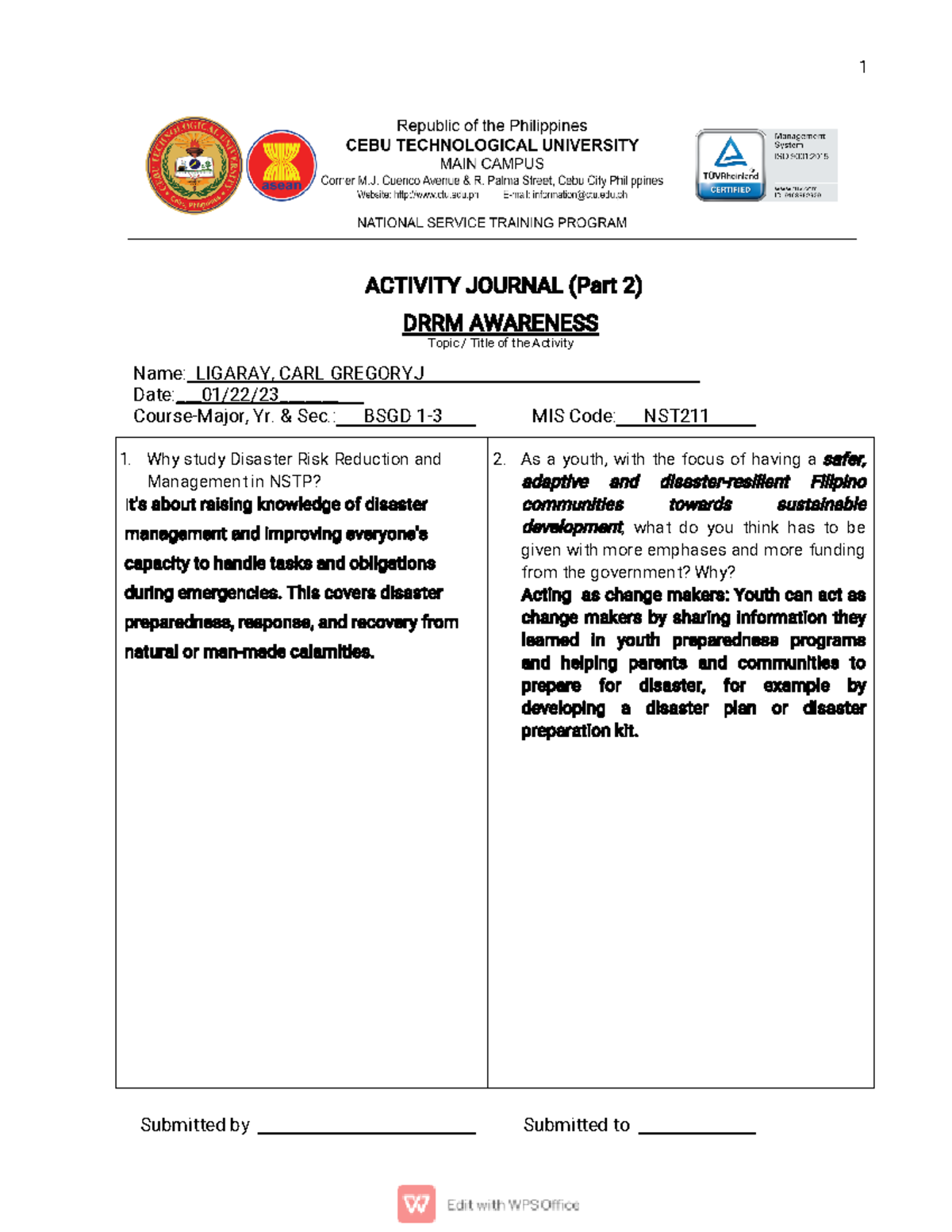 Ligaray 1st-22-23-Activity-Journal-DRRM-Awareness-the-CCA-Part-II - 1 ...