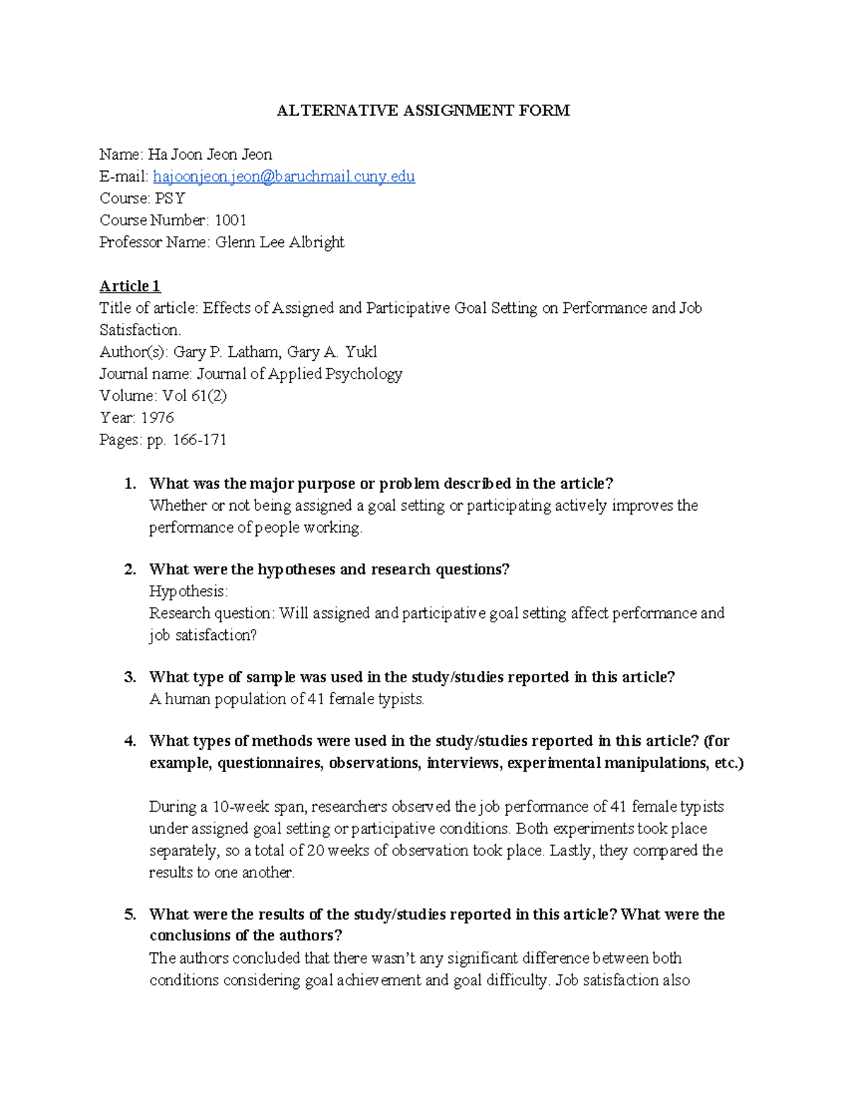 PSY - Alternative Assignments - ALTERNATIVE ASSIGNMENT FORM Name: Ha ...