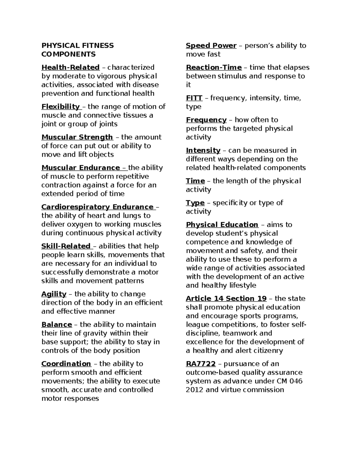 Pathfit PRE Final Reviewer - PHYSICAL FITNESS COMPONENTS Health-Related ...