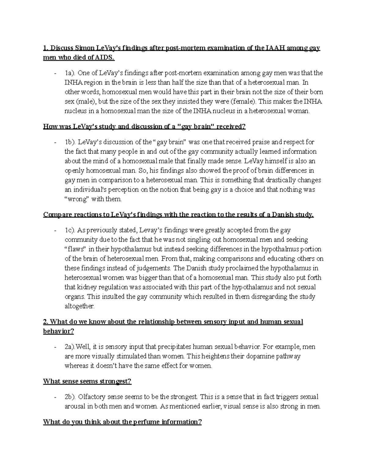 PSYC 21110 DB#1 - Classwork - Discuss Simon LeVay's findings after post ...