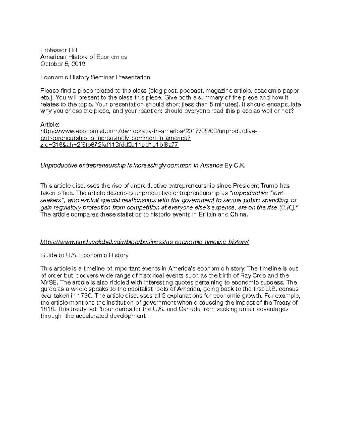 Oral Presentation - Project - Professor Hill American History of ...