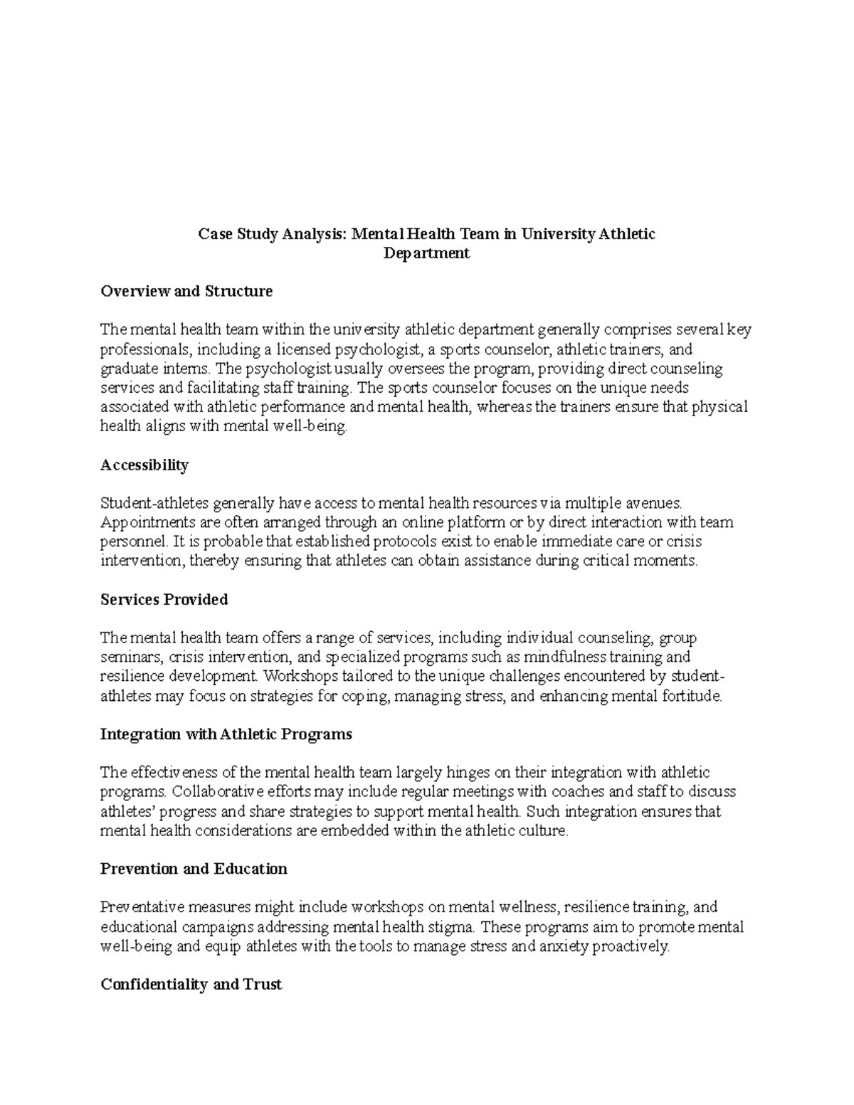 Assignment for sports - Case Study Analysis: Mental Health Team in ...