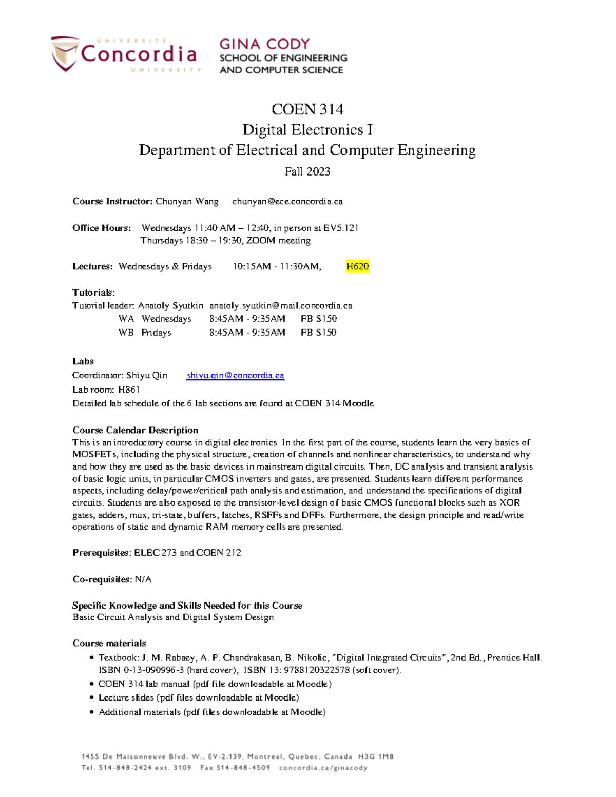 COEN314-outline-fall2023 - COEN 314 Digital Electronics I Department of ...