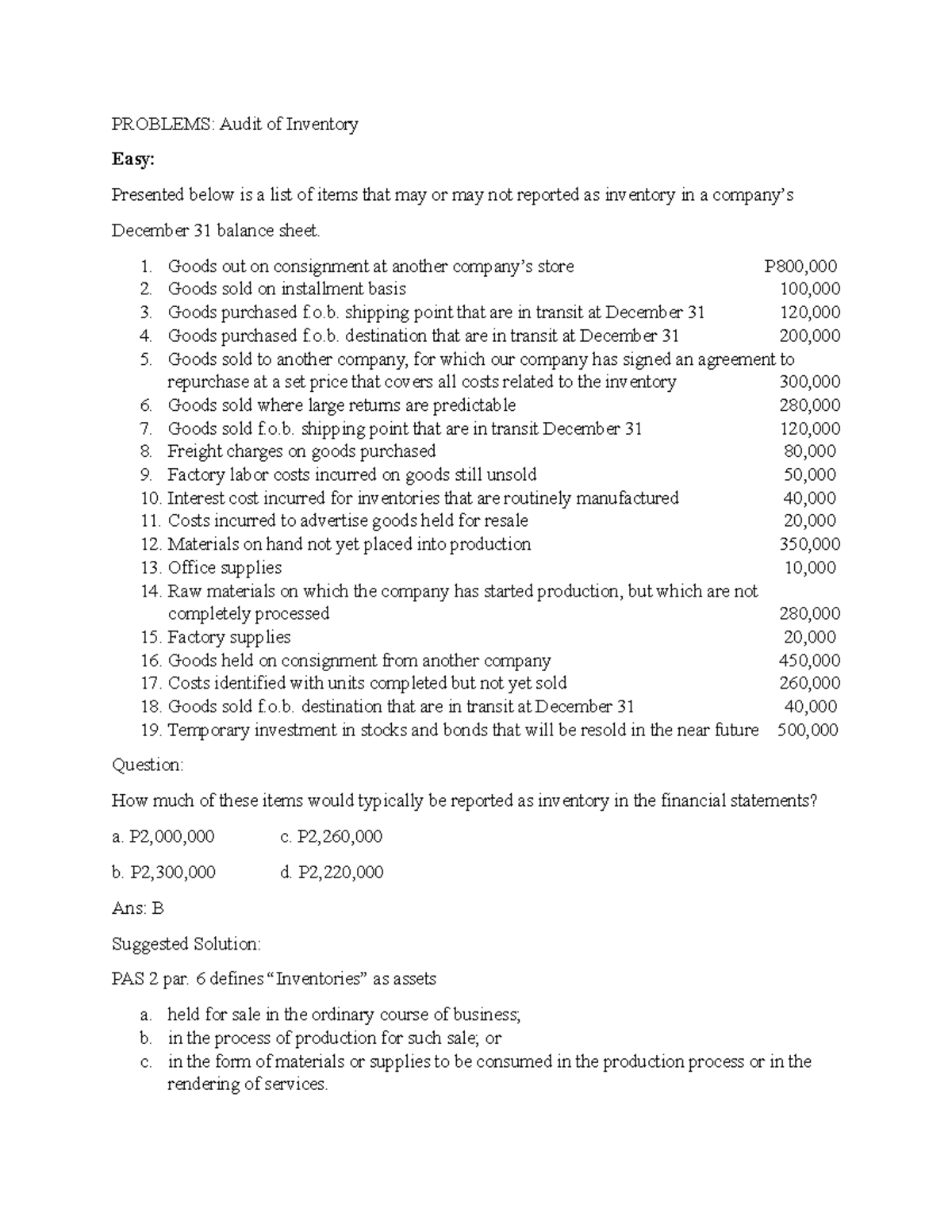 Problems (Audit of Inventory) - PROBLEMS: Audit of Inventory Easy ...