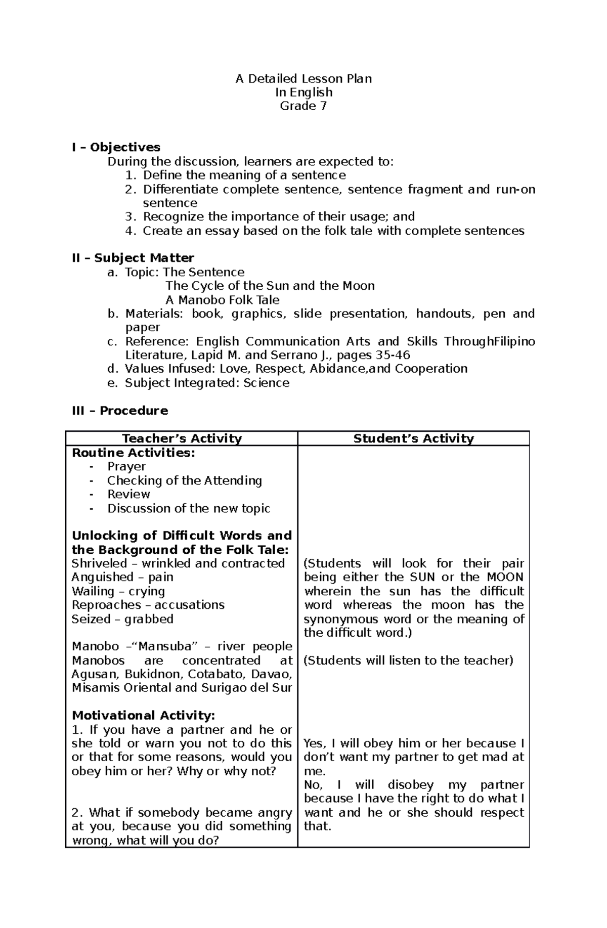 Detailed Lesson Plan In English Grade 7 Lesson Plan For Grade 7 Images