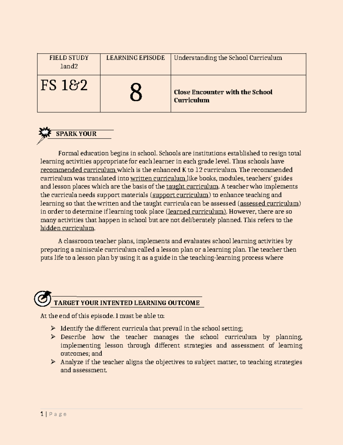 field study 1 and 2 - FIELD STUDY 1and LEARNING EPISODE Understanding ...