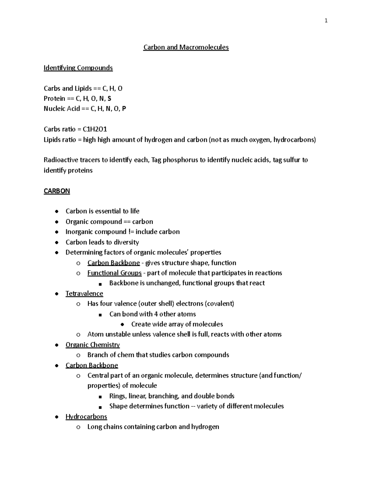Biochemistry 2 Course Summary - Carbon and Macromolecules Iden2fying ...