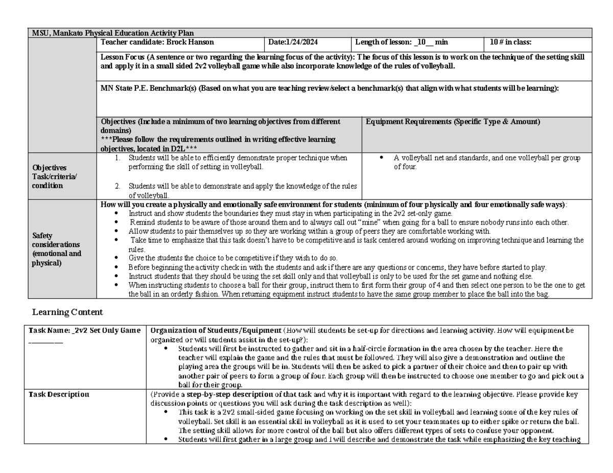 Activity-plan-template - MSU, Mankato Physical Education Activity Plan ...