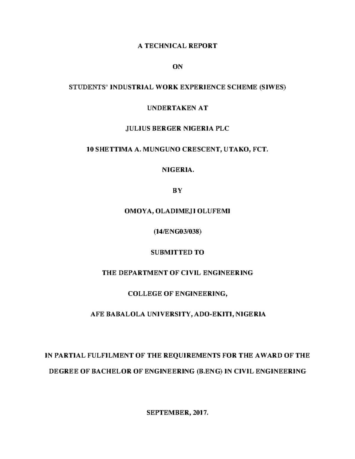 Students Industrial WORK Experience SCHE - A TECHNICAL REPORT ON ...