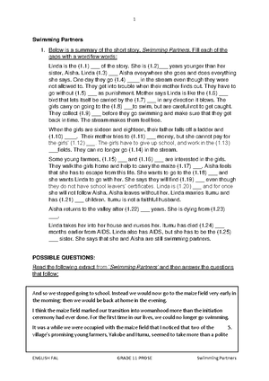 2016 Grade 11 Swimming Partners - SSIP – Short Story (Swimming partners ...