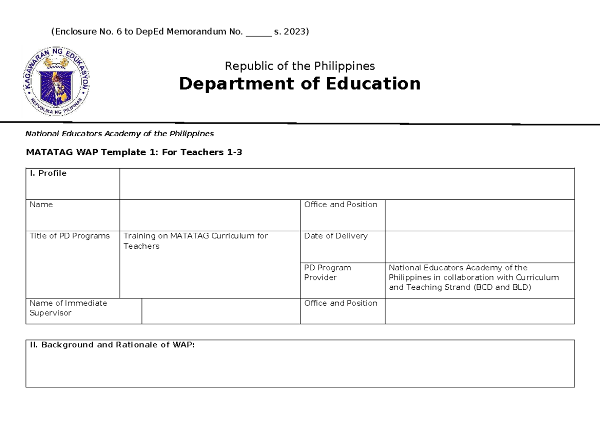 WAP Teachers - , k kk kjjl;lmmkbhfx - (Enclosure No. 6 to DepEd ...