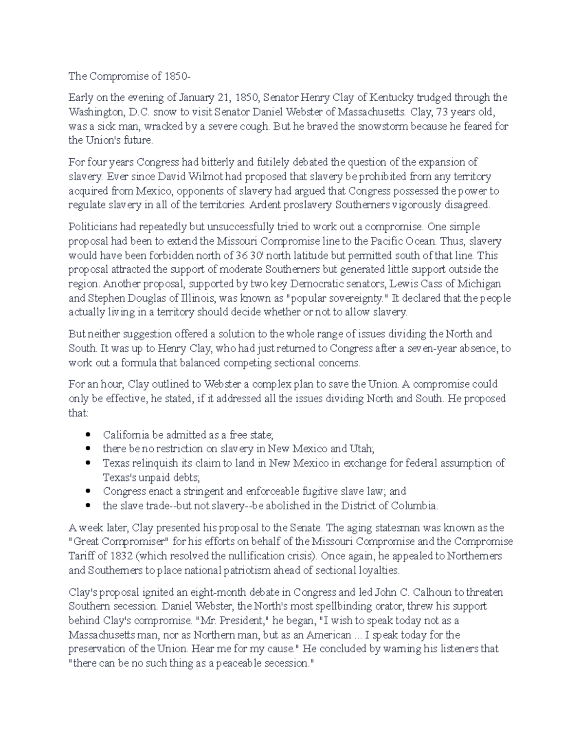 The Compromise of 1850 - The Compromise of 1850- Early on the evening ...