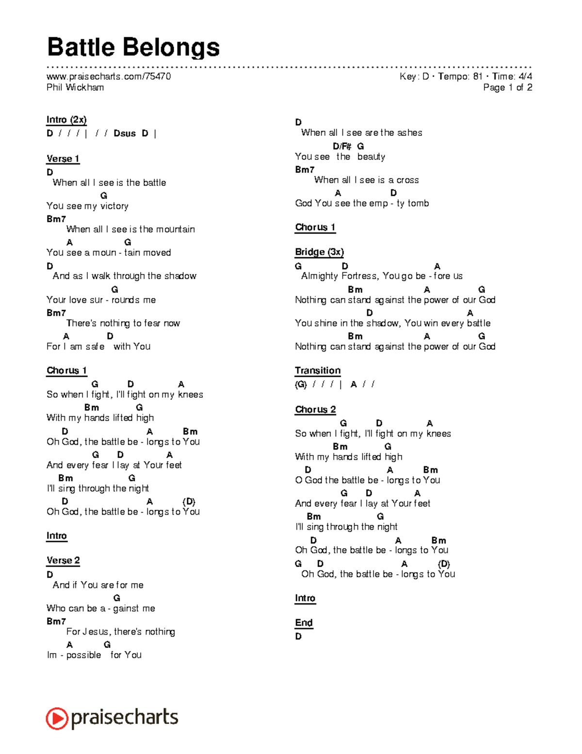 Battle Belongs (Phil Wickham) Chord Chart - D - 2 Column Layout - D ...