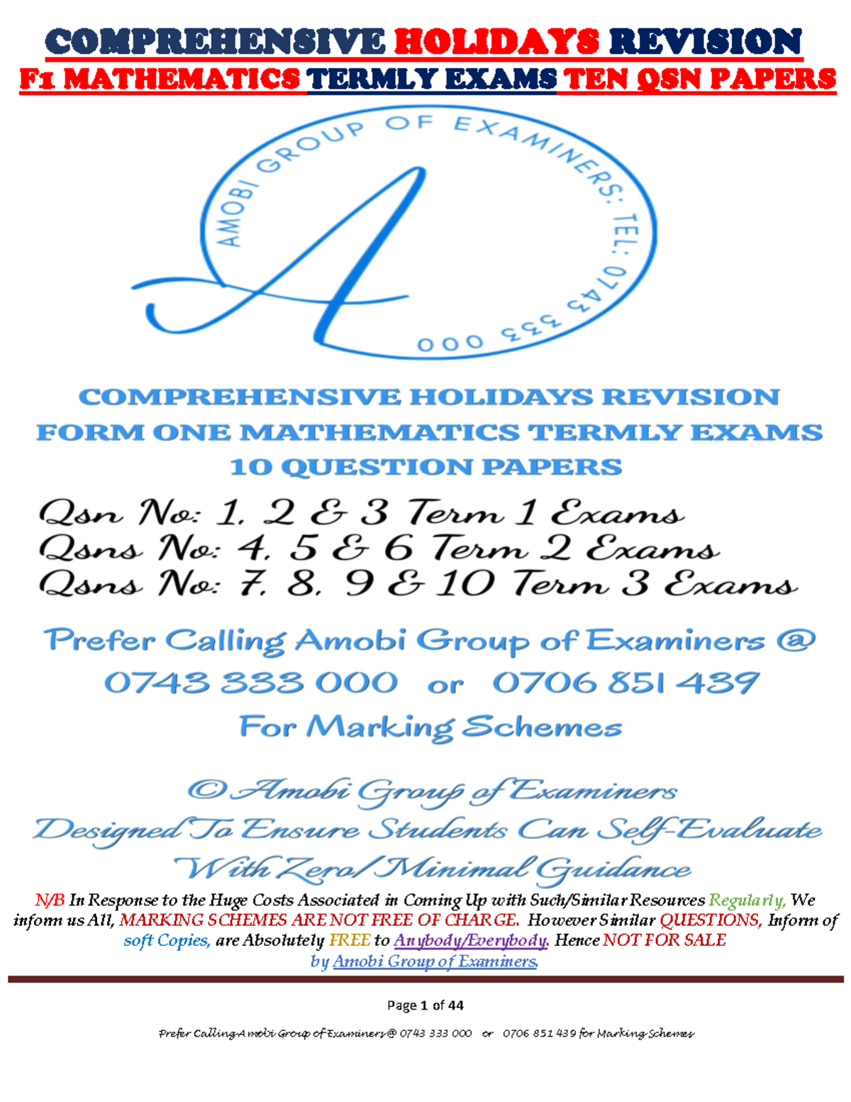 F1 Maths C-HR 10 QP - Page 1 of 44 COMPREHENSIVE HOLIDAYS REVISION F 1 ...