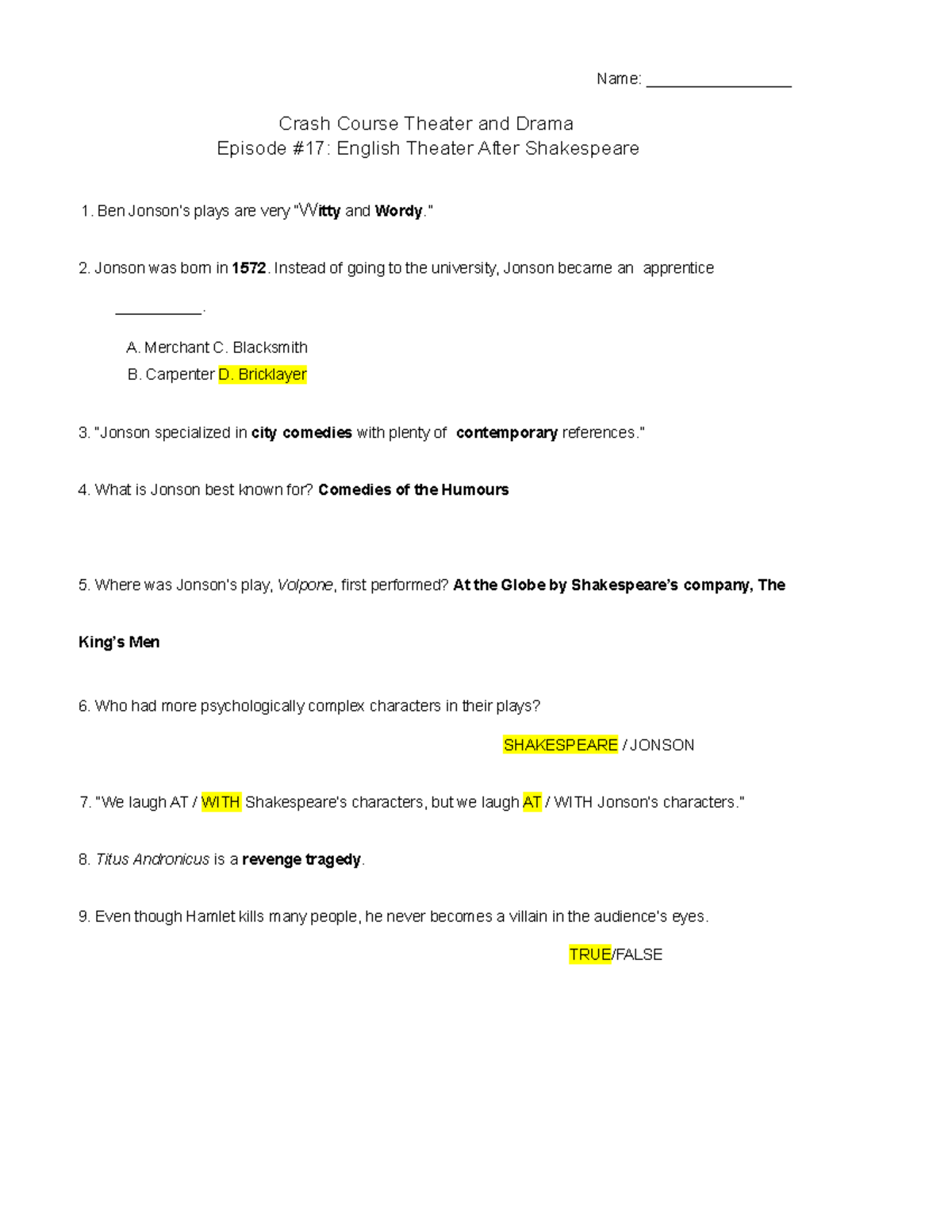 Crash Course Theater Episode #17 - Name: _________________ Crash Course ...