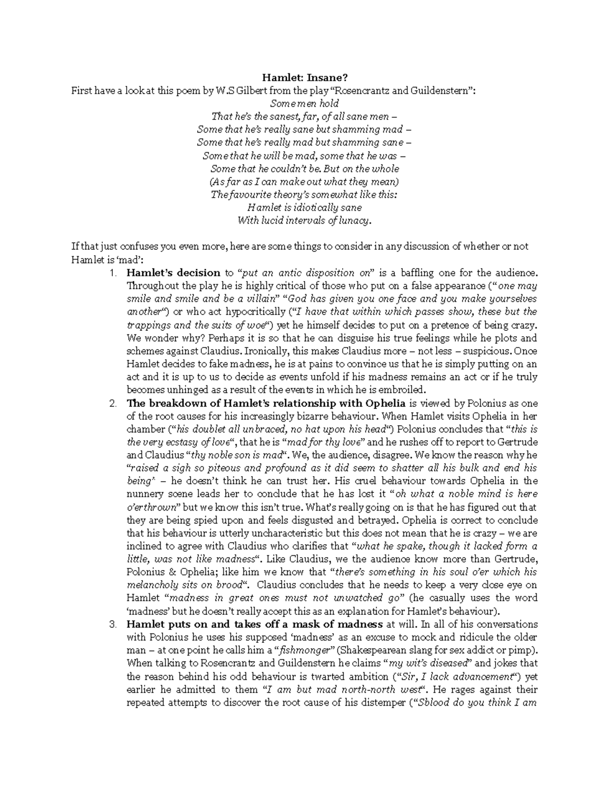 Hamlet's Insanity - Hamlet- Good or Bad - Hamlet: Insane? First have a ...