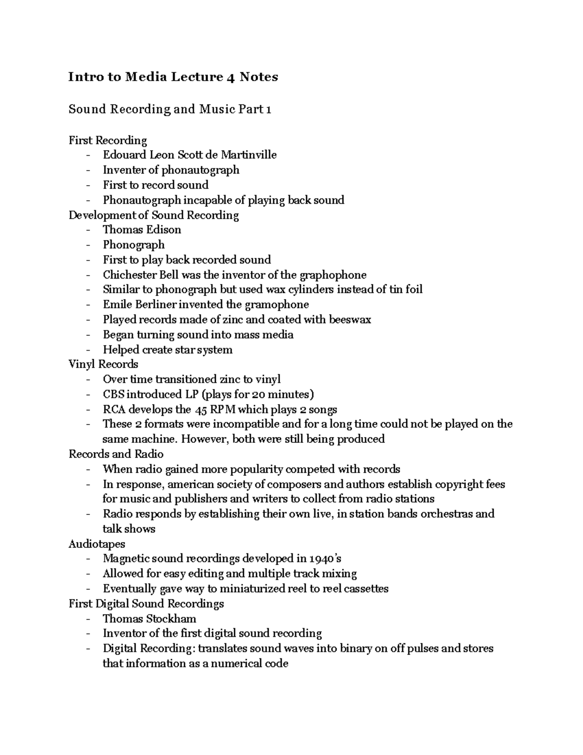 Intro to Media Lecture 4 Notes - Intro to Media Lecture 4 Notes Sound ...